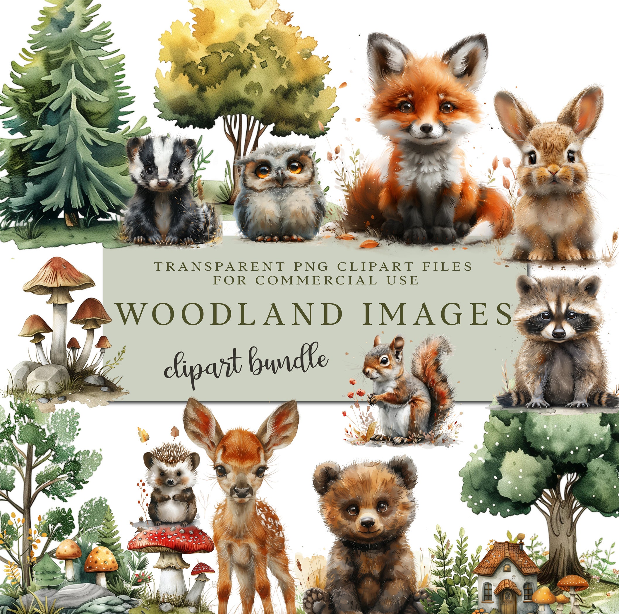 Woodland Creatures Watercolor Clipart for Commercial Use, Nursery ...