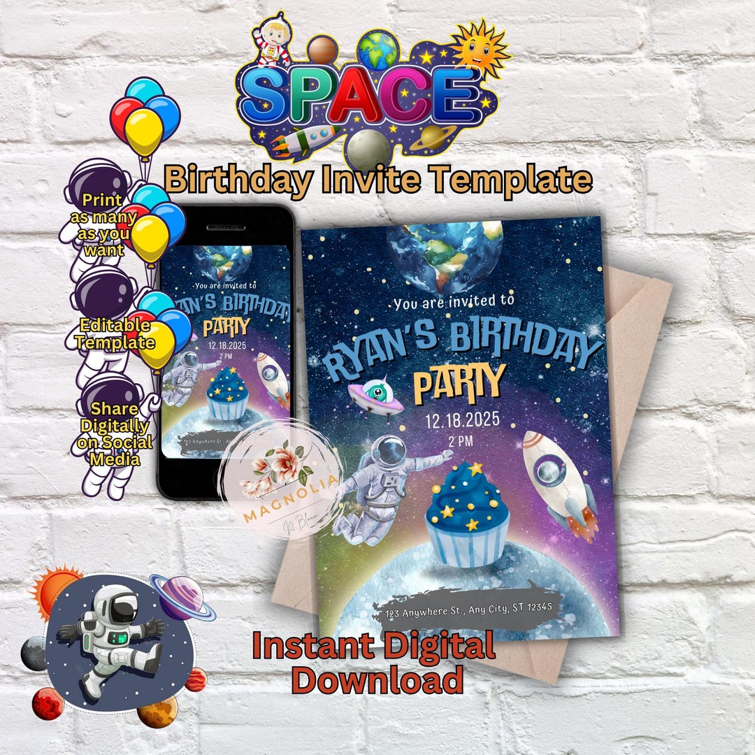 EDITABLE Outerspace Birthday Invitation, Astronaut Bday Invite, Space ...
