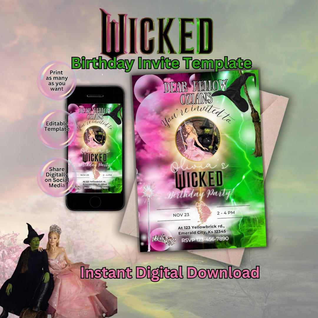 EDITABLE Wicked Movie Themed Birthday Invite, Birthday Invitation ...