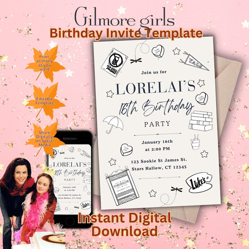 EDITABLE Gilmore Girls Themed Birthday Invite, Birthday Invitation ...