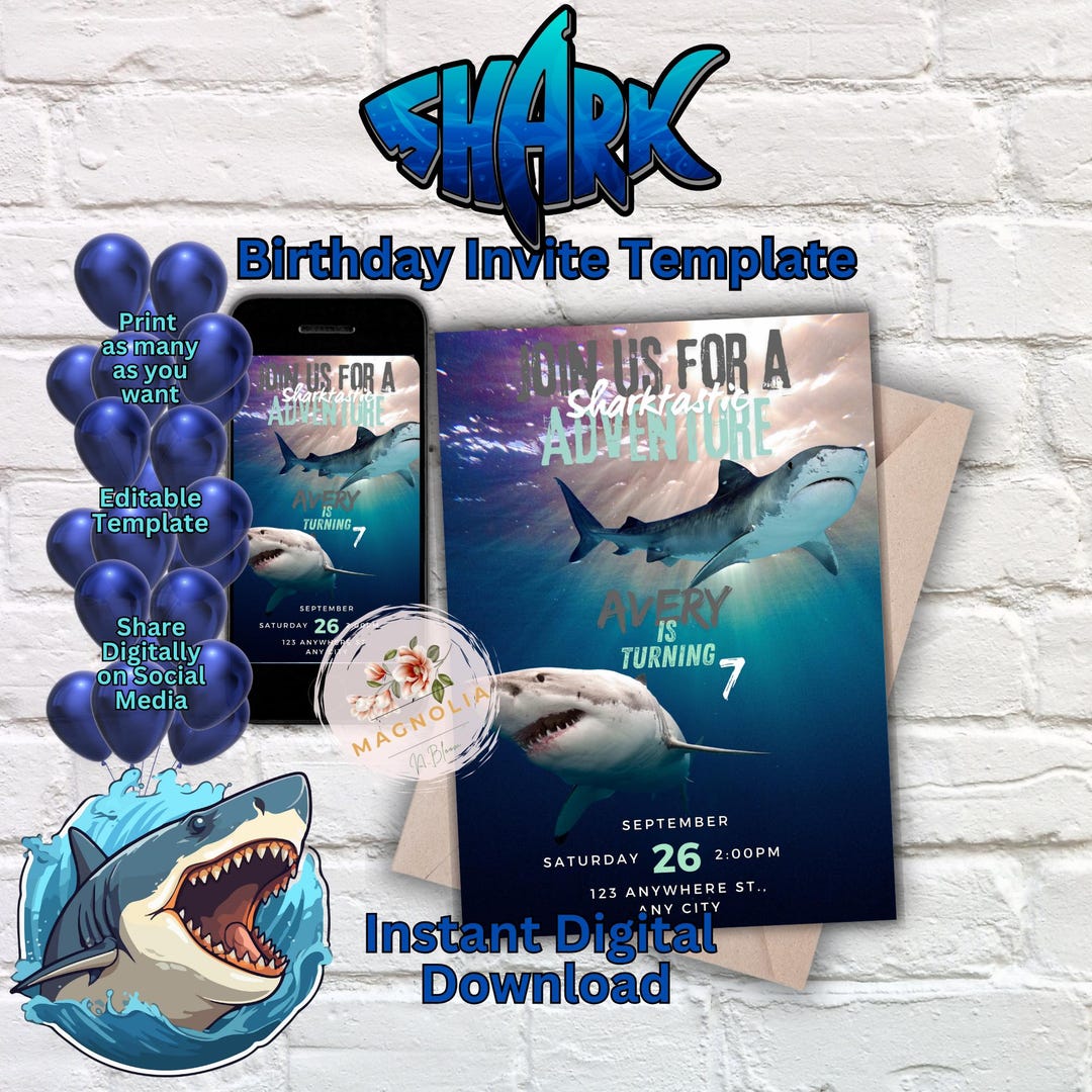EDITABLE Shark Birthday Invitation, Shark Bite Invite, Nautical ...