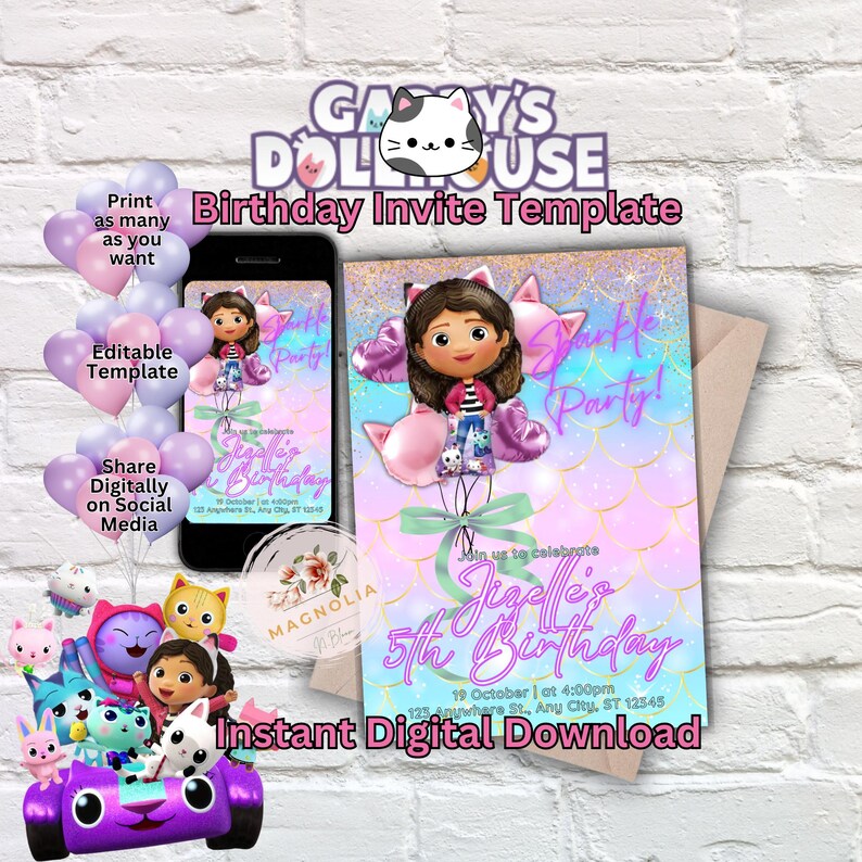 EDITABLE Gabbys Dollhouse Themed Birthday Invite, Birthday Invitation ...