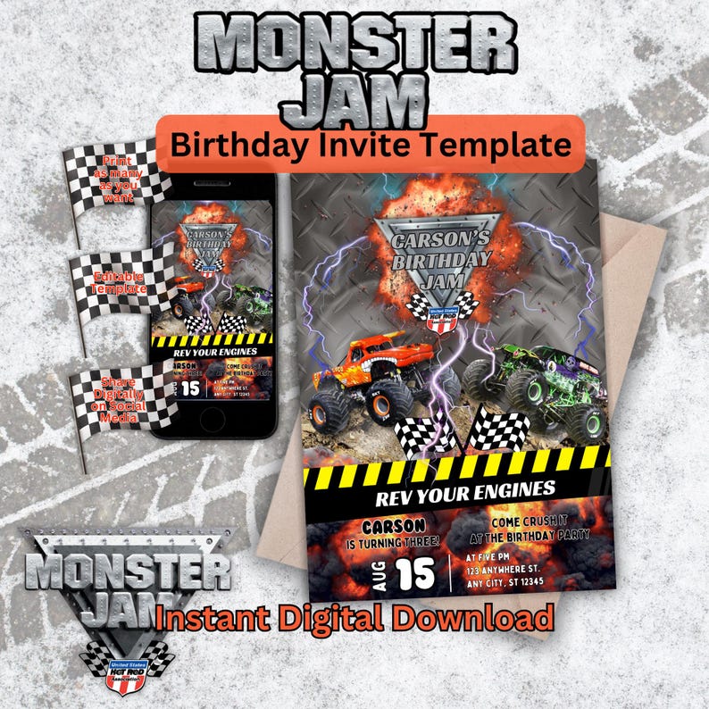 Monster Truck Birthday Invitation, Editable Truck Age, Digital Template ...