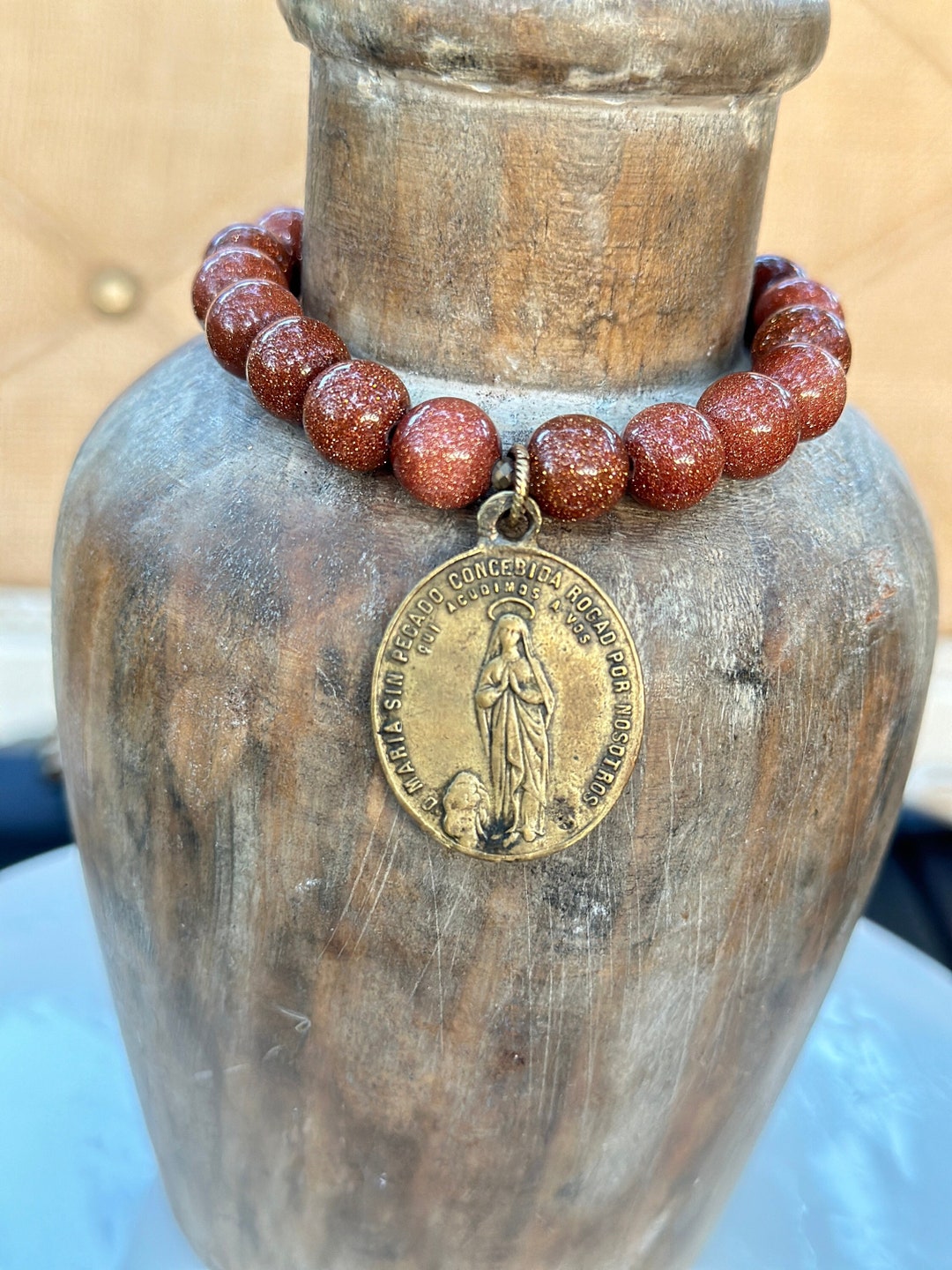 Virgin Mary Medal Bracelet: Goldstone Beaded Antique Catholic Jewelry ...