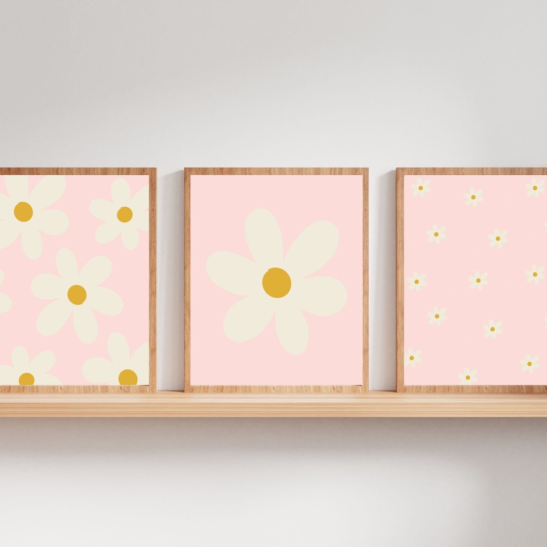 Pink Daisy Flower Print Set of 3, Abstract Flower Prints, Pink Nursery ...