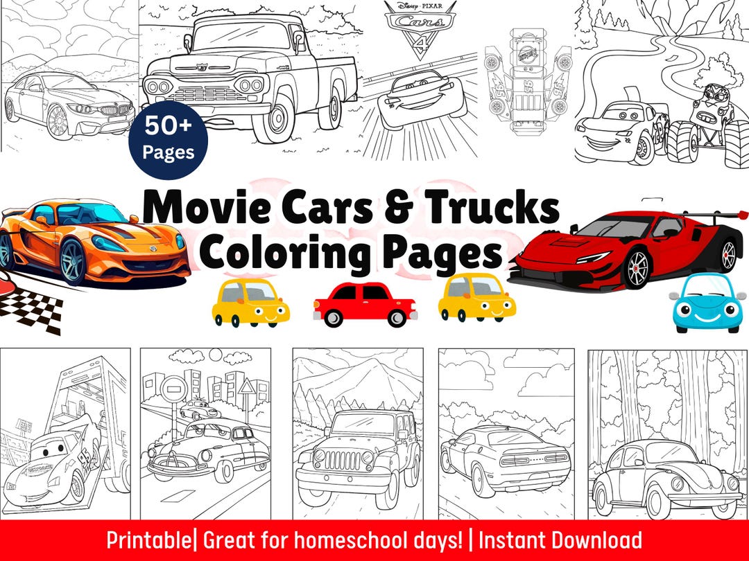 Movie Cars Coloring Pages 50+ Printable Fun Birthday Party Favor for ...