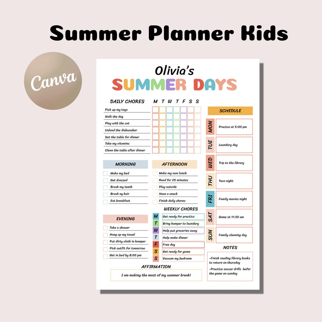 Kids Summer Routine Chart: Printable Visual Planner for Children - Etsy