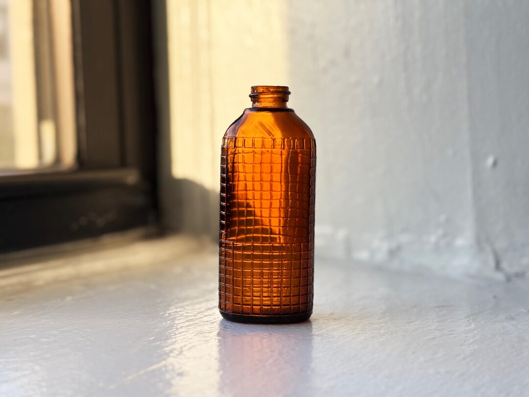 Vintage Amber Glass Bottle: Textured Grid Pattern, Mid-century Decor (4 ...