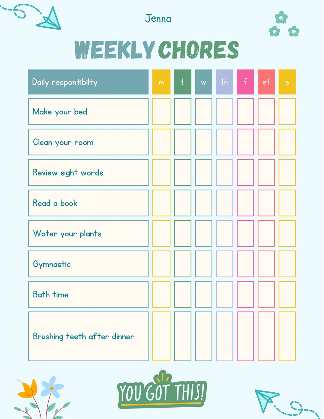 Weekly Chores Accountability Chart - Etsy