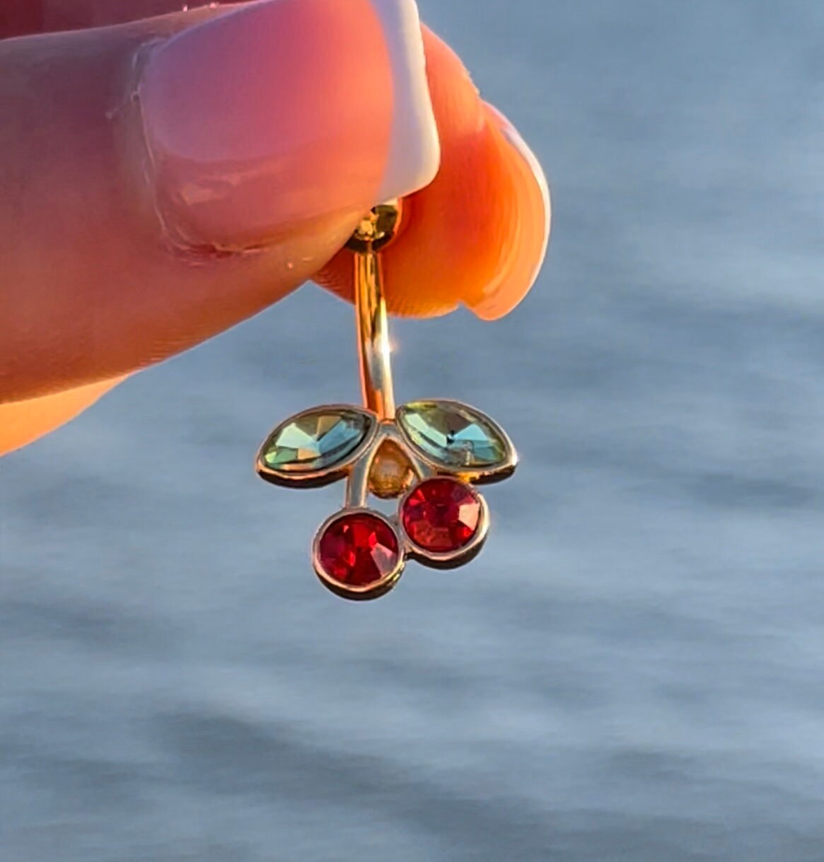 Gold Cherry Belly Bar Navel Piercing Fruit Piercing Cherry-curved ...