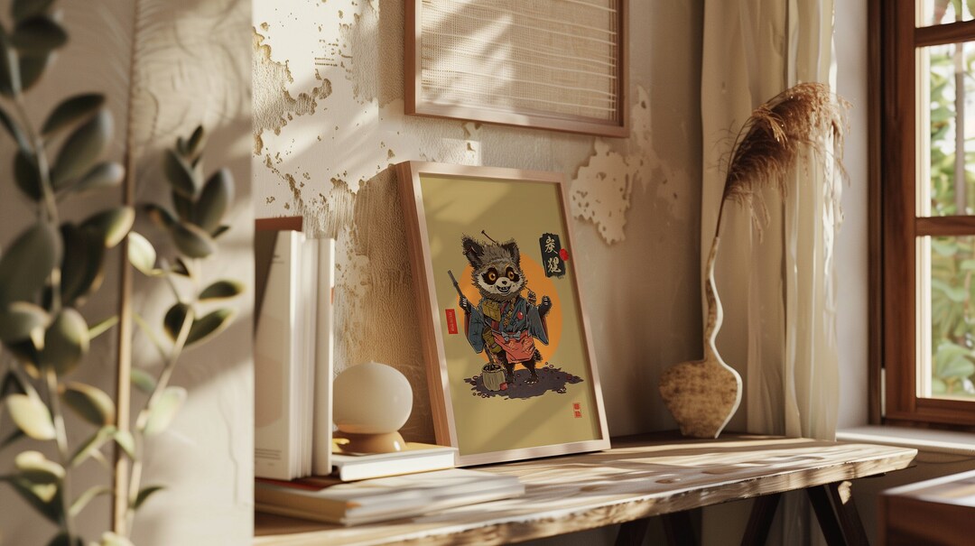 Yokai Poster Print | Sumi Tanuki Charcoal Raccoon Dog | Japanese ...