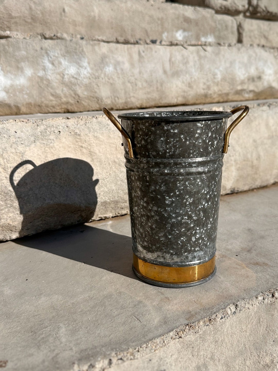 Galvanized Metal Bucket Planter With Brass Handles & Accents - Etsy