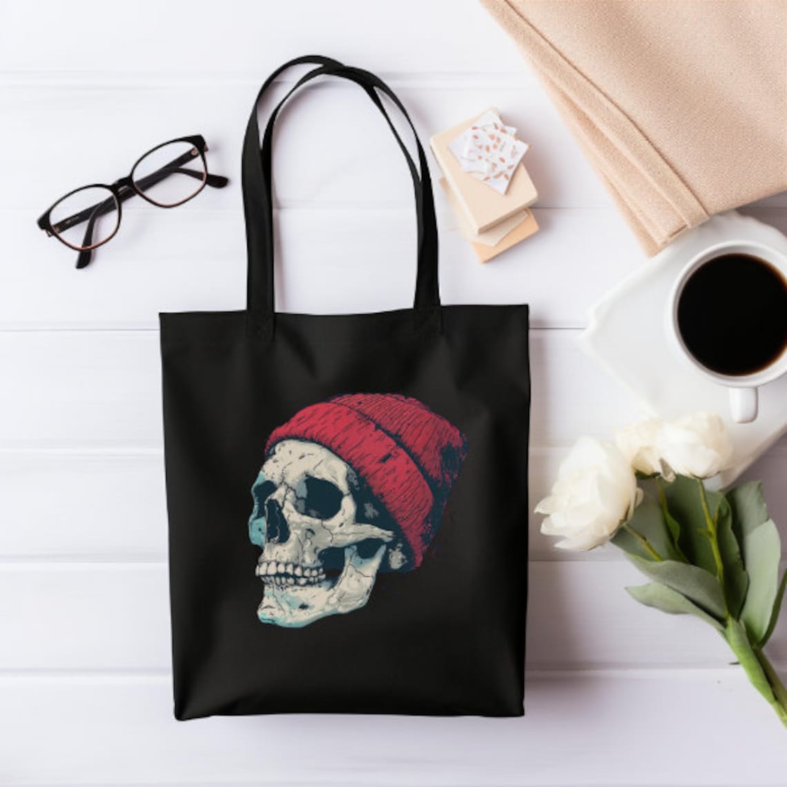 Skull Tote Bag, Skull and Beanie Tote Bag, Vintage Tote, Canvas Tote ...