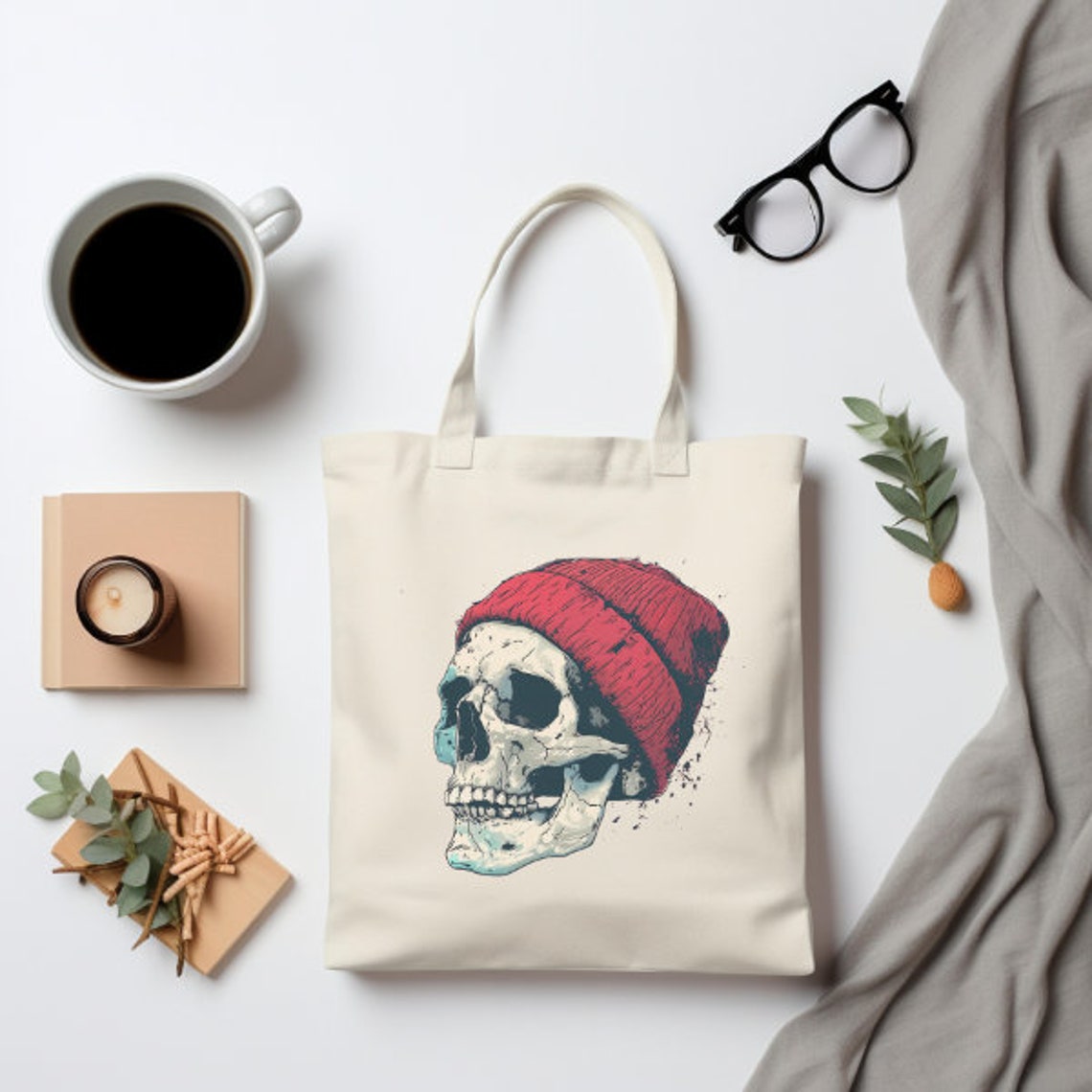 Skull Tote Bag, Skull and Beanie Tote Bag, Vintage Tote, Canvas Tote ...