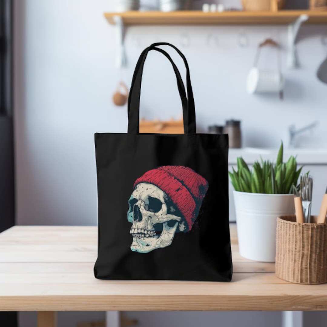Skull Tote Bag, Skull and Beanie Tote Bag, Vintage Tote, Canvas Tote ...