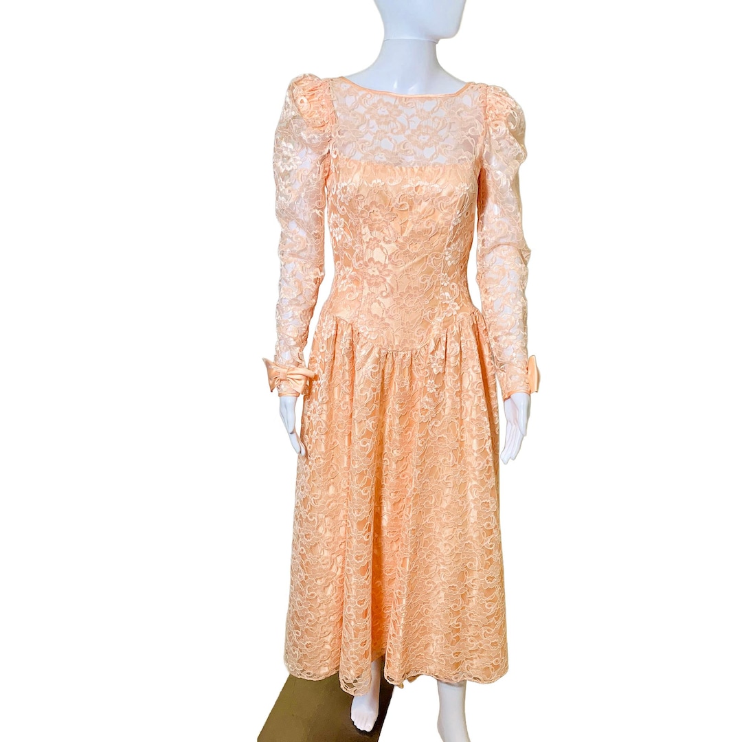 Vintage 80s Alfred Angelo Peach Lace Gown: Hi-low Hem, Bow Detail - Etsy