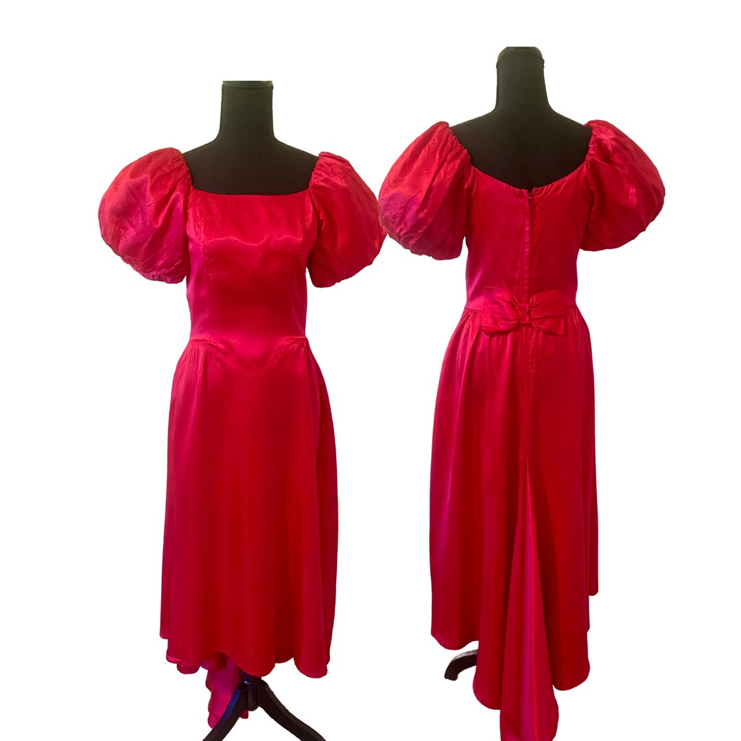 Vintage 1980's Liquid Red Part Prom poof Sleeves Hi Lo Hem off Shoulder ...
