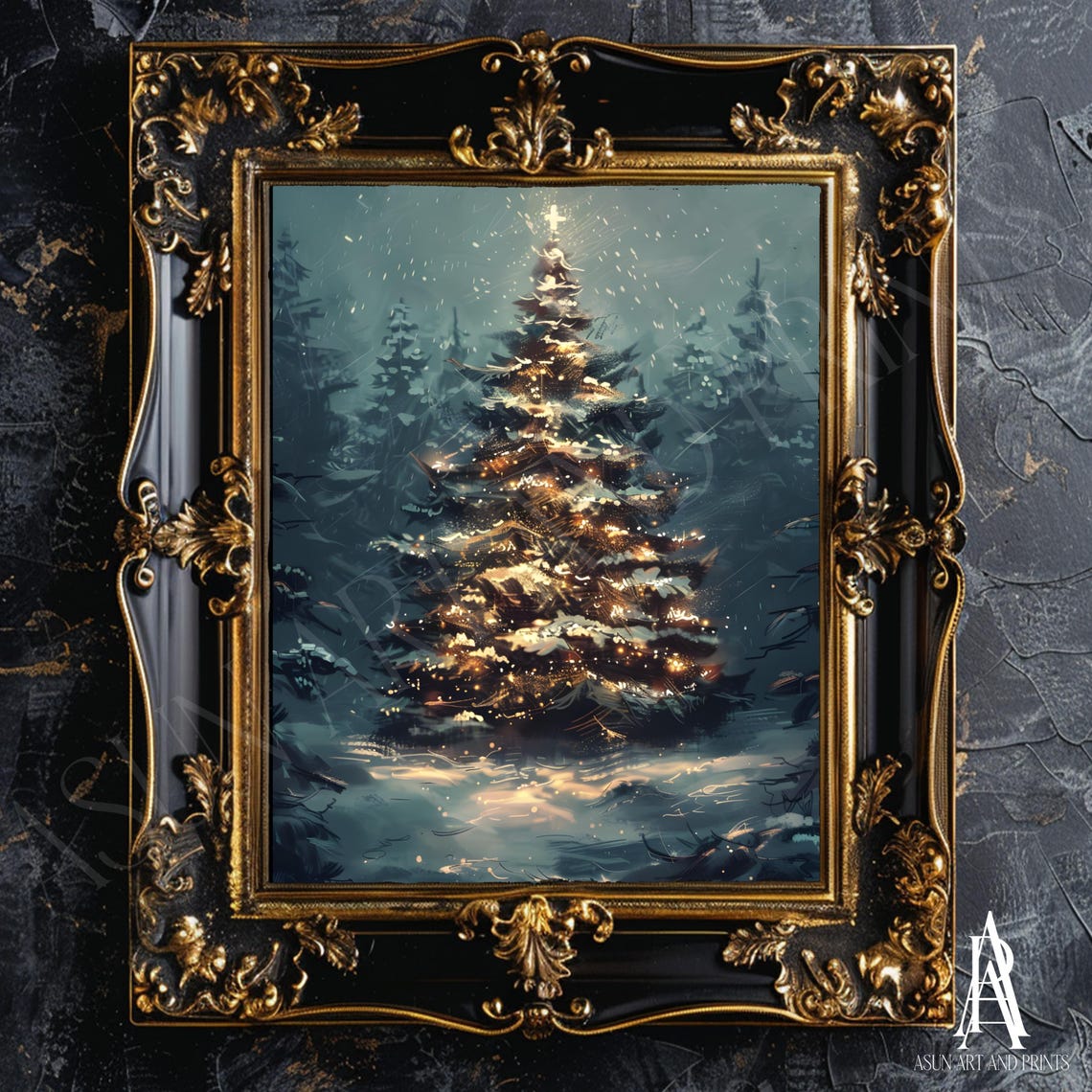 MOODY CHRISTMAS Tree PAINTING Vintage European Art, Dark Moody Prints ...