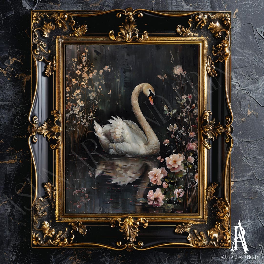 MOODY SWAN PAINTING | Vintage European Art, Dark Moody Prints, Vintage ...