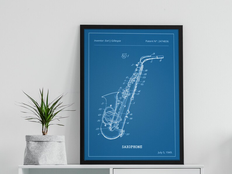 Downloadable Vintage Saxophone Patent Poster - Blueprint Music Decor ...