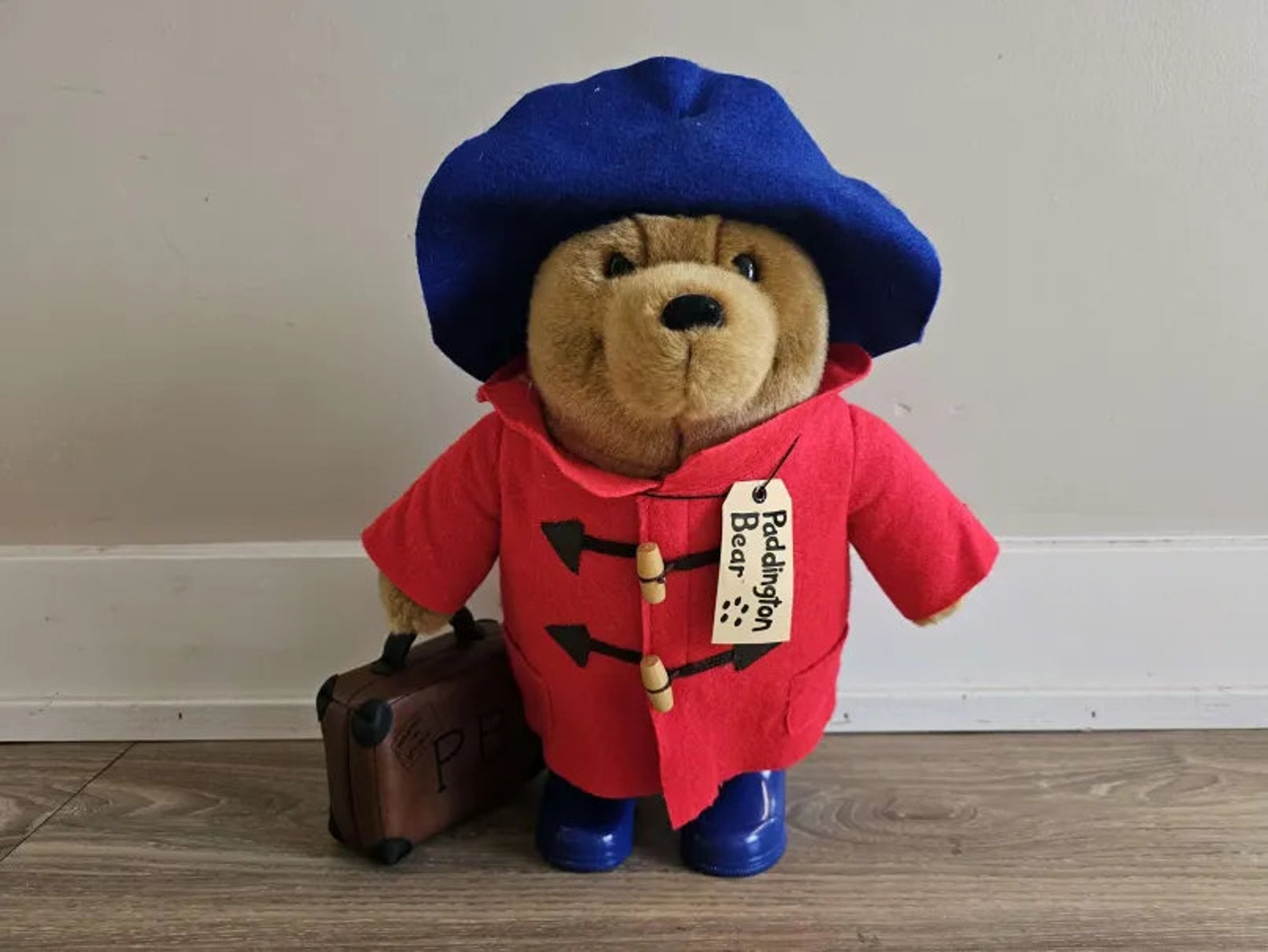 RARE VINTAGE Paddington Bear Plush With Rubber Boots and Leather Suitcase Stuffed Animal Plush ...