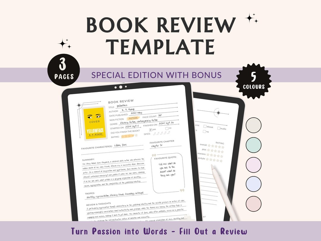 Book Review Reading Journal Template, Printable Digital Book Club ...