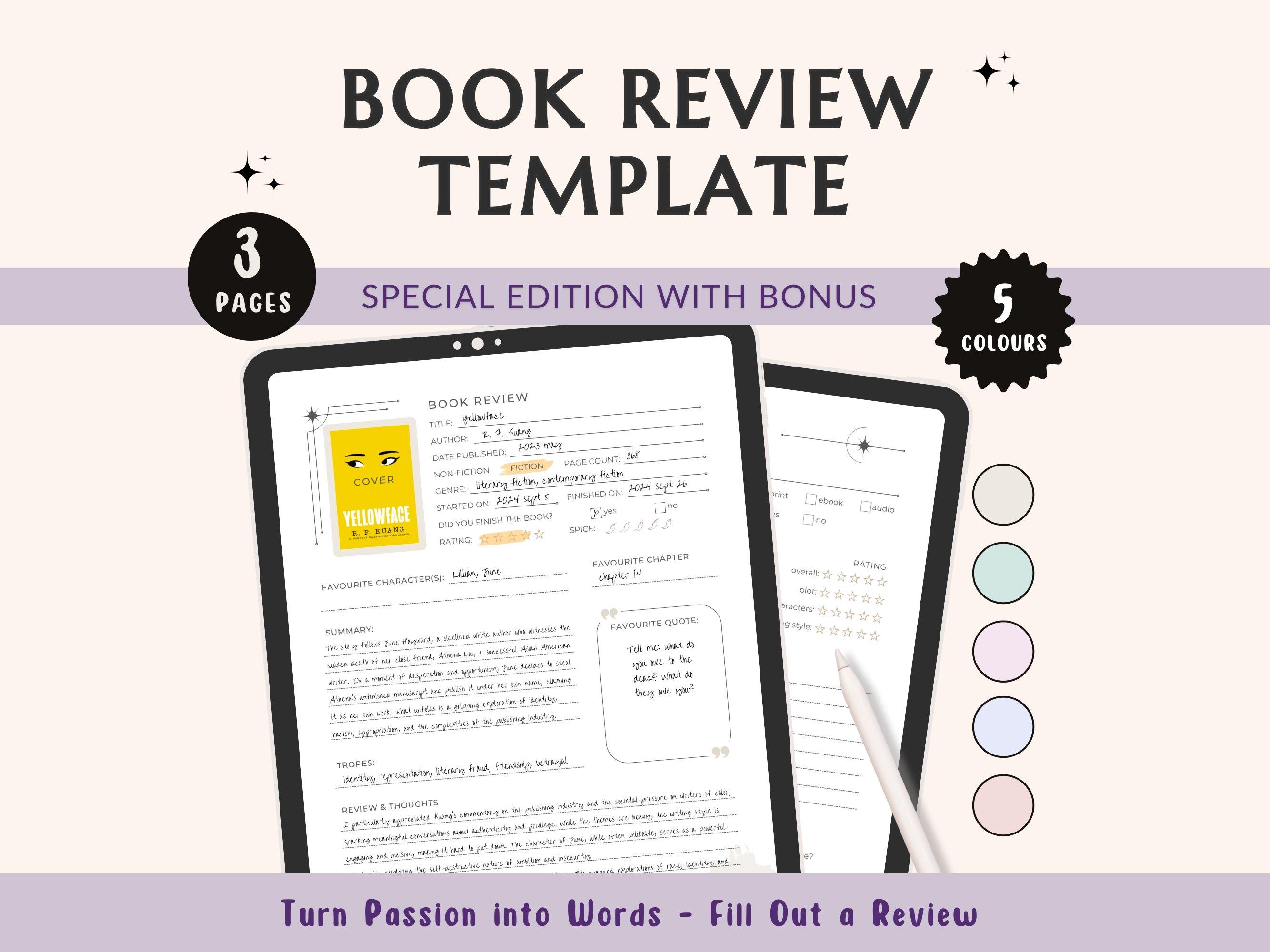 Book Review Reading Journal Template, Printable Digital Book Club ...