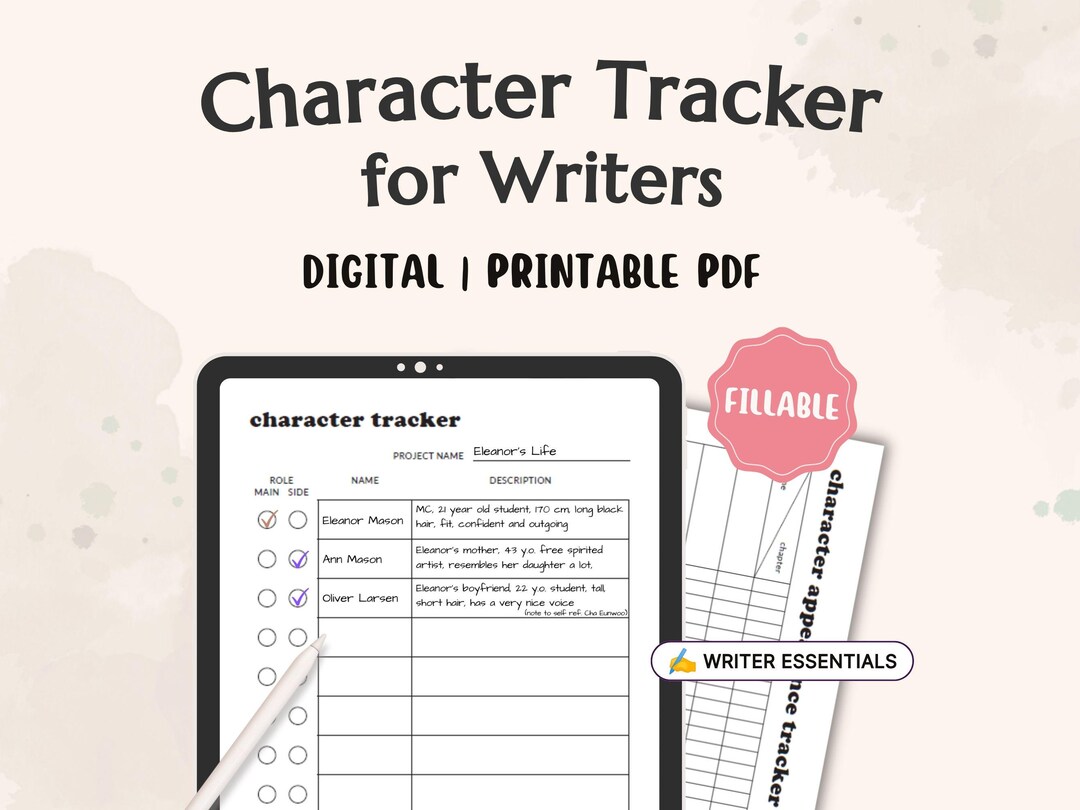Character Tracker, Novel Character Appearance Writer Worksheets ...