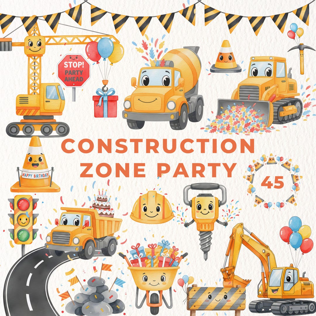 Watercolor Construction Party Clipart Bundle, Watercolor Trucks & Cones ...
