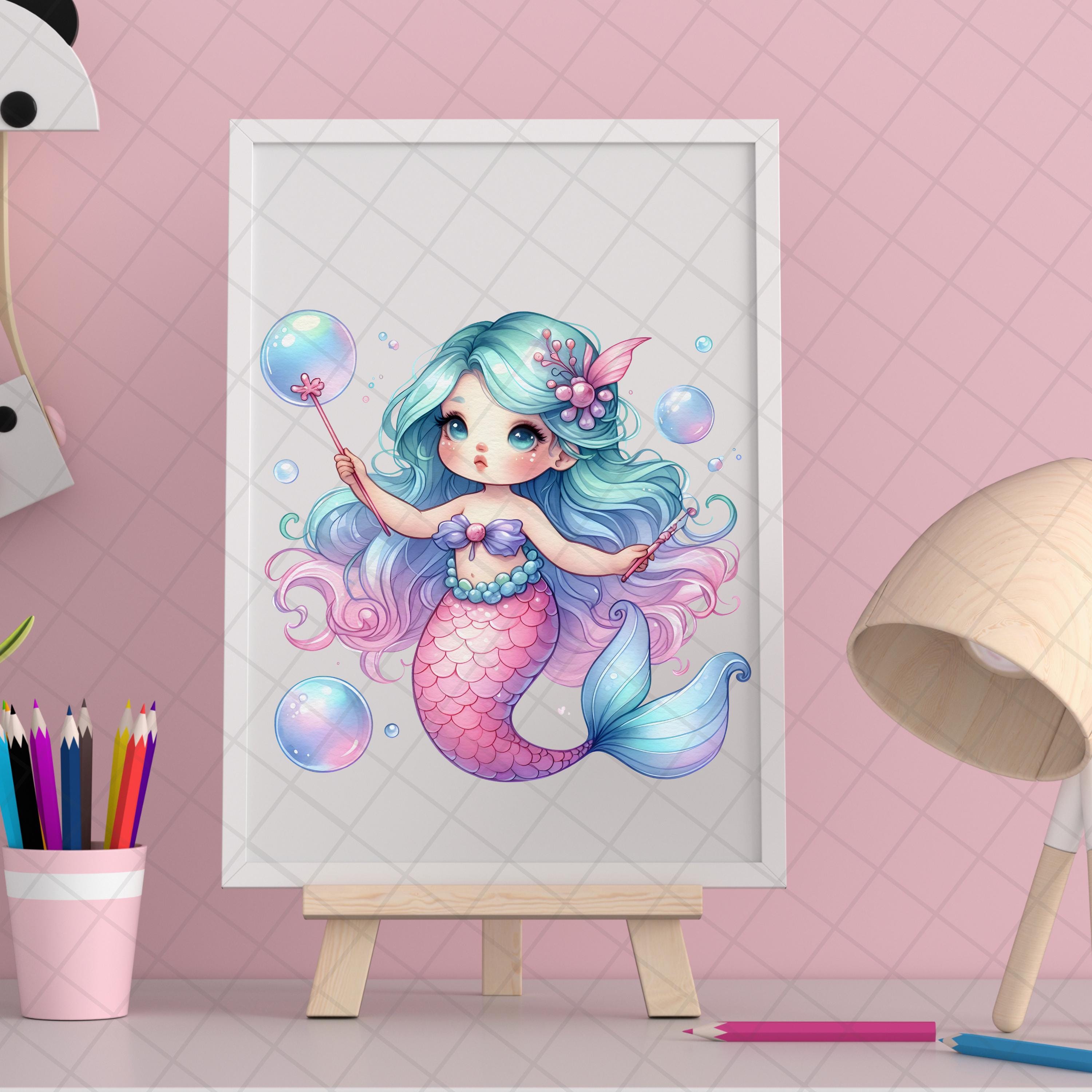 Watercolor Mermaid Clipart, Cute Baby Mermaid PNG, Under the Sea ...