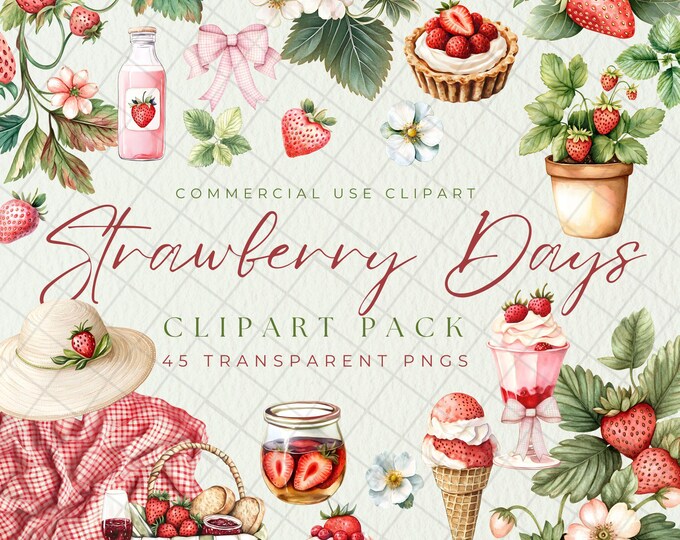 Cute Strawberry Clipart Pack, Watercolor Fruit Pngs, Strawberry ...