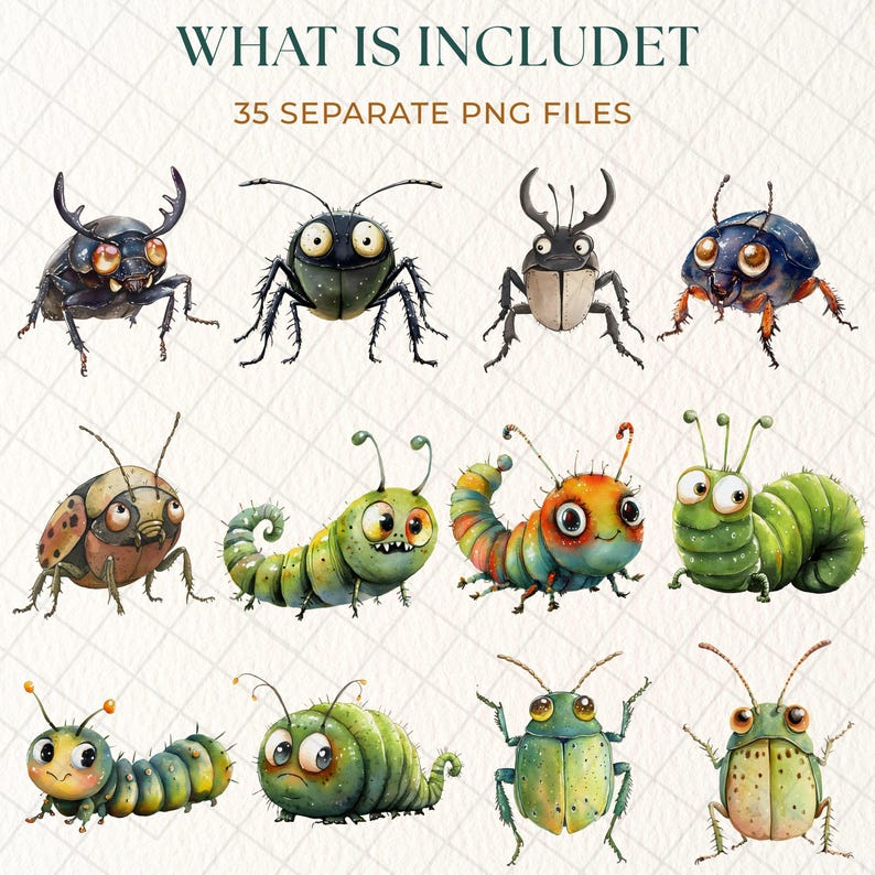 Whimsical Bugs Clipart Bundle, Watercolor Quirky Insects PNG, Kid ...