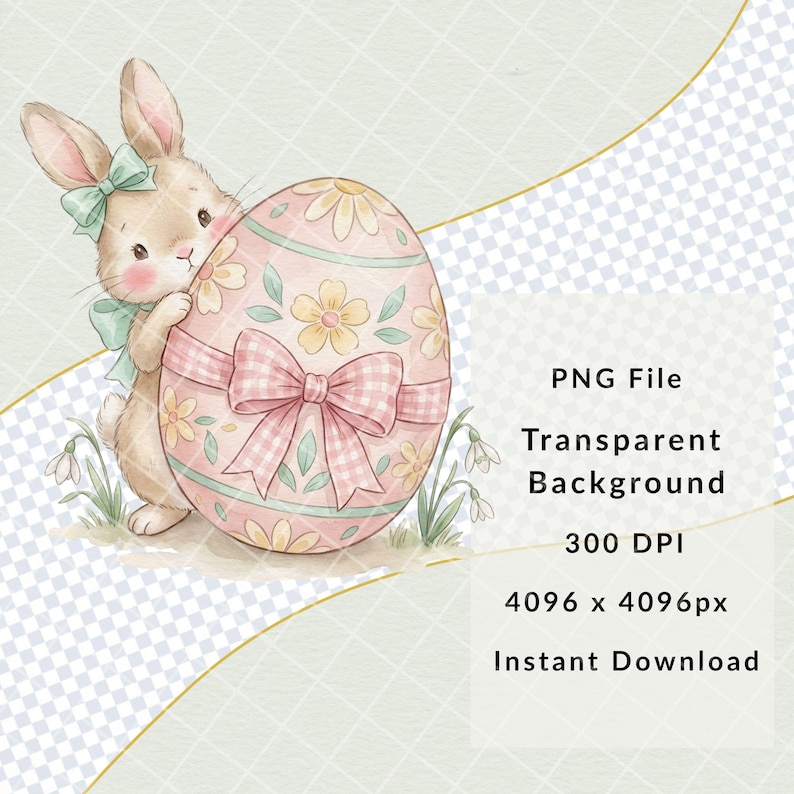 Watercolor Easter Clipart Bundle, Pastel Bunny & Chick PNG, Gingham ...