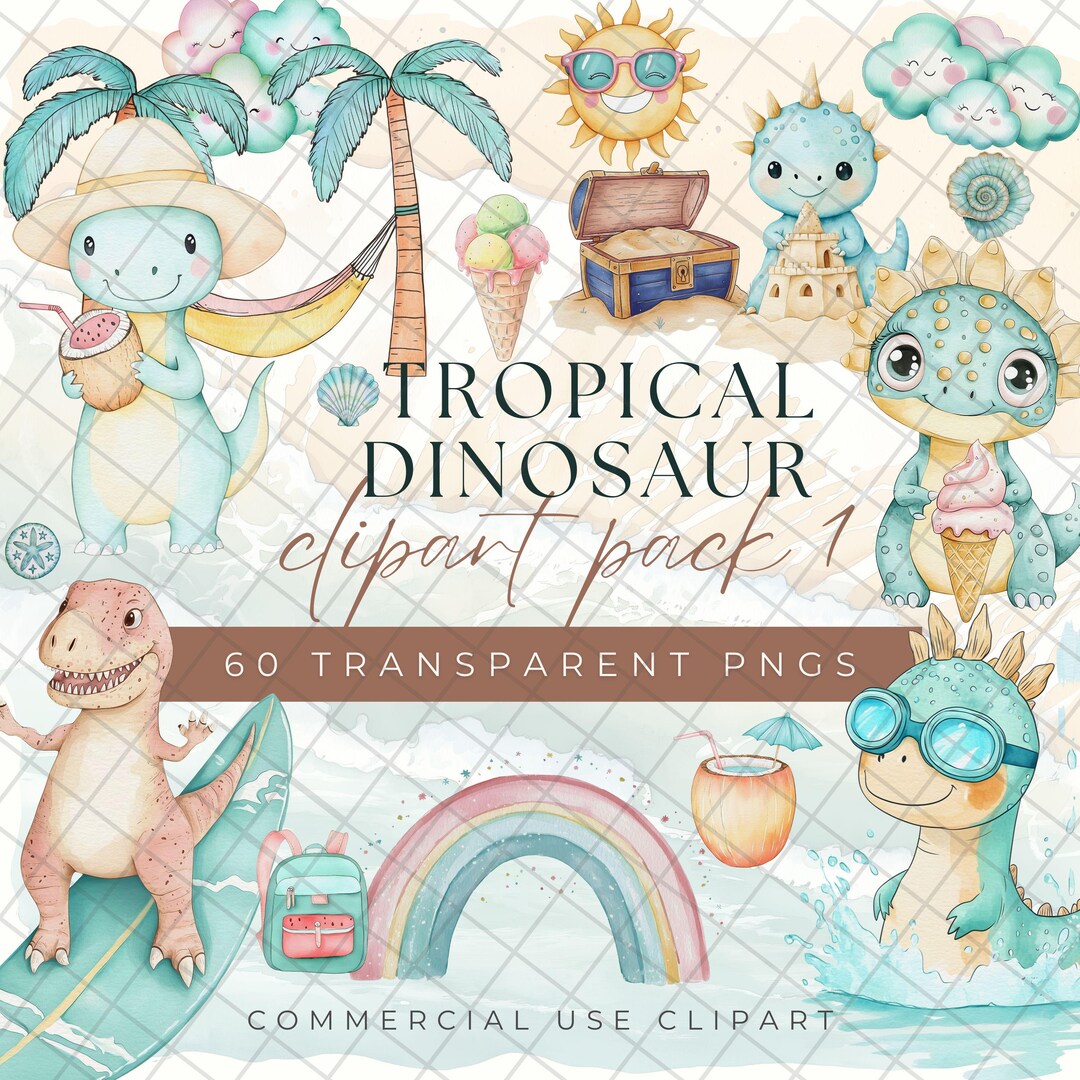 Tropical Dino Clipart PNG, Cute Watercolor Dinosaurs Bundle, Beach ...