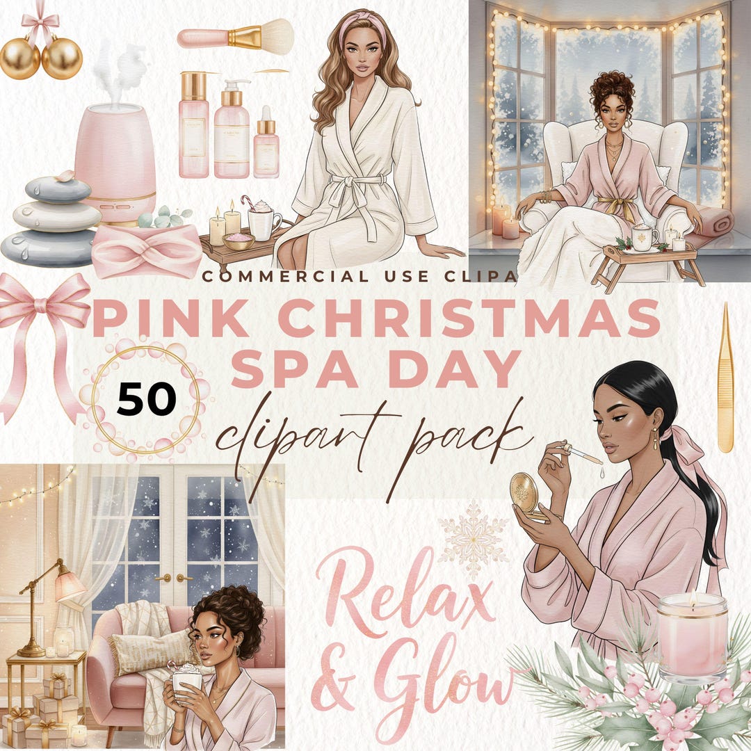 Pink Christmas Spa Day Clipart Bundle, Watercolor Self-care PNG ...