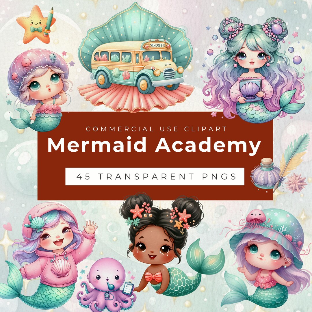 Watercolor Mermaid Clipart, Cute Baby Mermaid PNG, Under the Sea ...