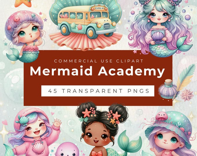 Watercolor Mermaid Clipart, Cute Baby Mermaid PNG, Under the Sea ...