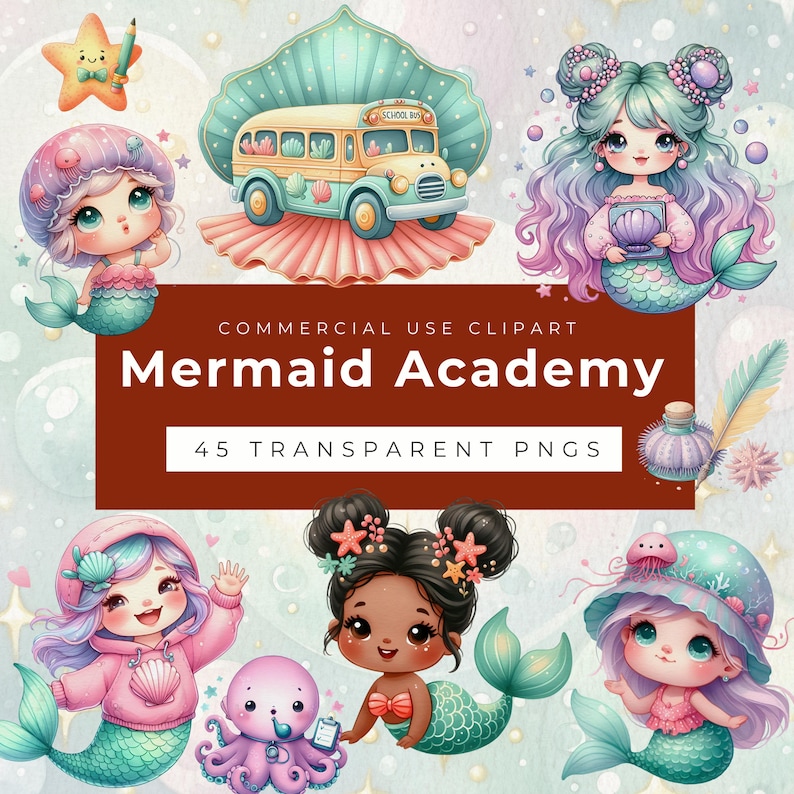 Watercolor Mermaid Clipart, Cute Baby Mermaid PNG, Under the Sea ...