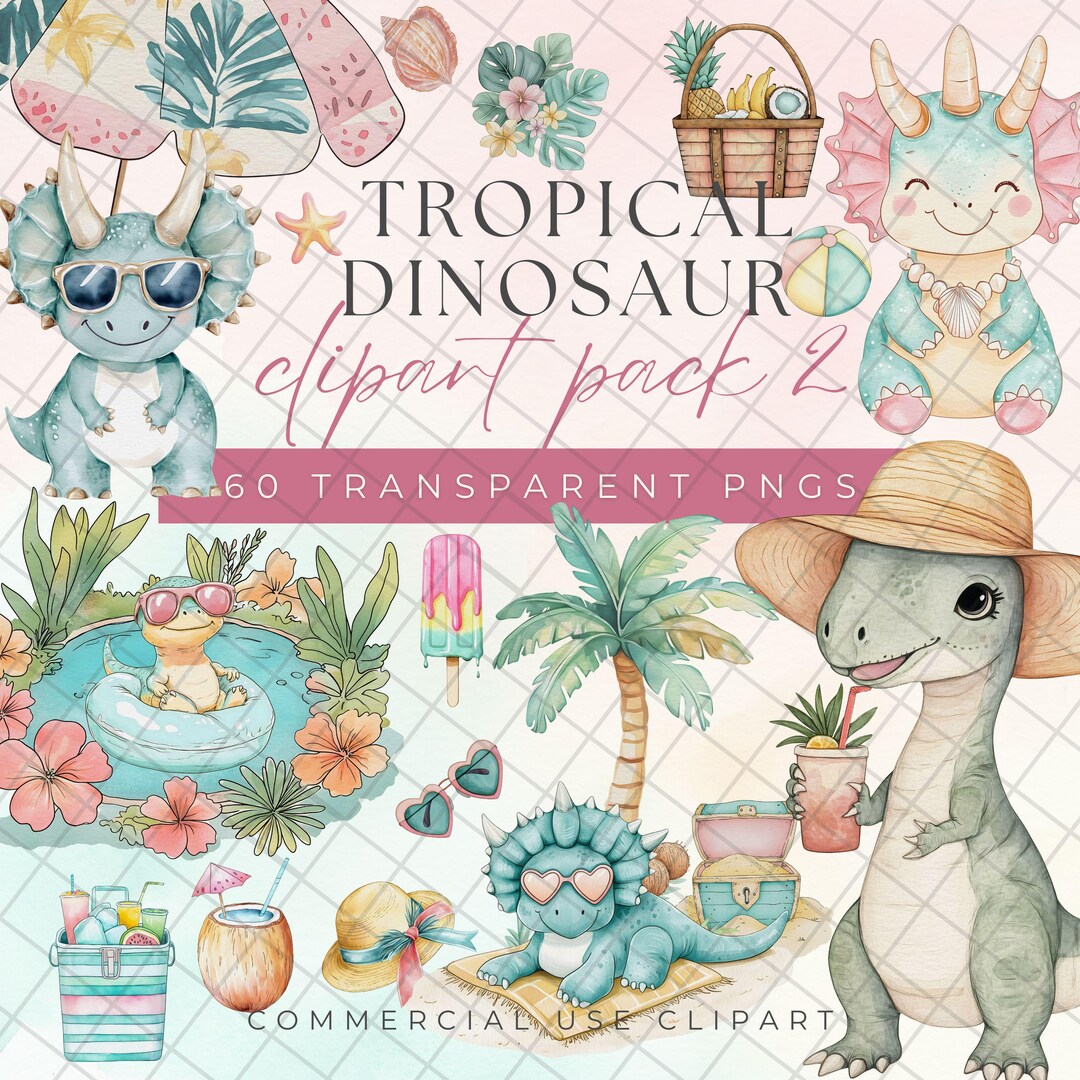 Tropical Dinosaur Clipart PNG, Summer Dino Graphics Bundle, Cute ...