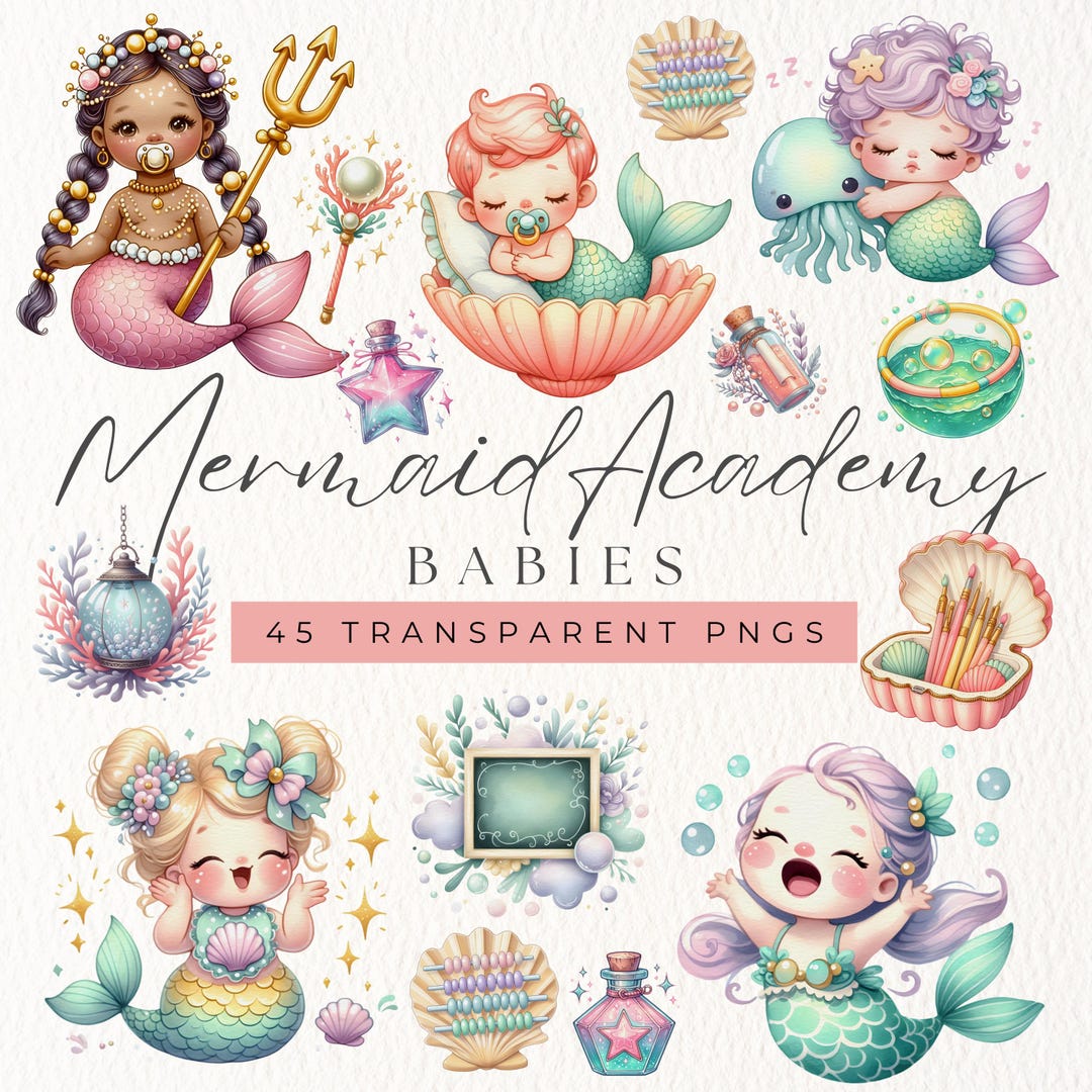 Watercolor Mermaid Clipart PNG, Baby Mermaid Bundle, Under the Sea ...