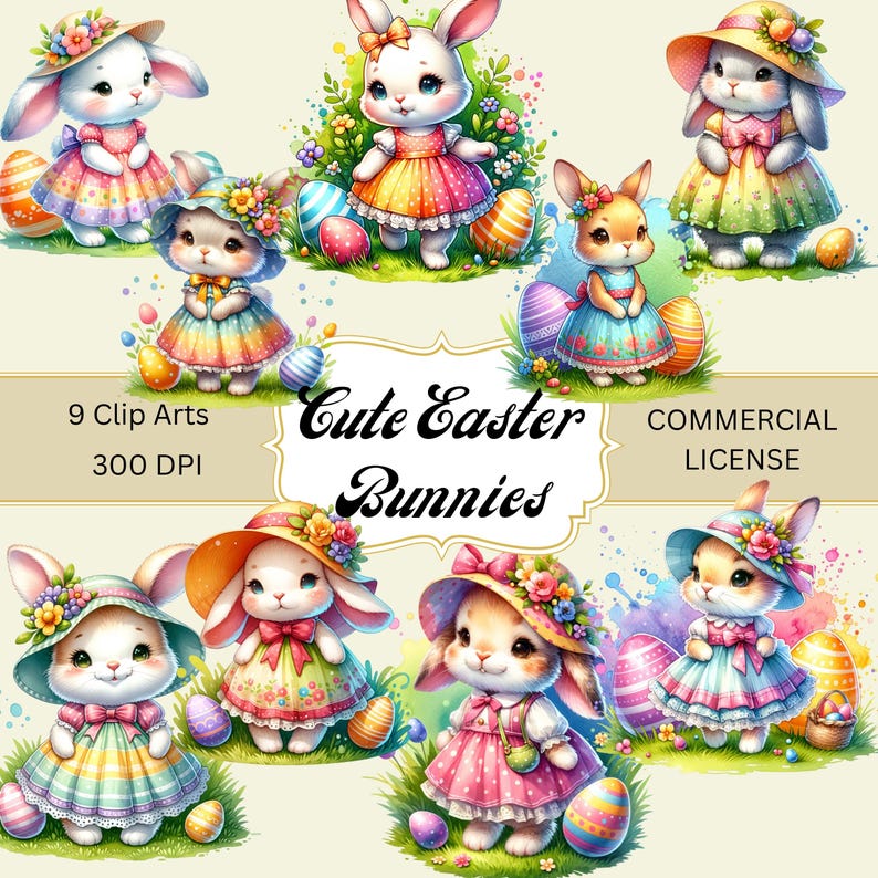 Cute Easter Bunny Digital Clipart Bundle, 9 Spring Bunny Digital Art ...