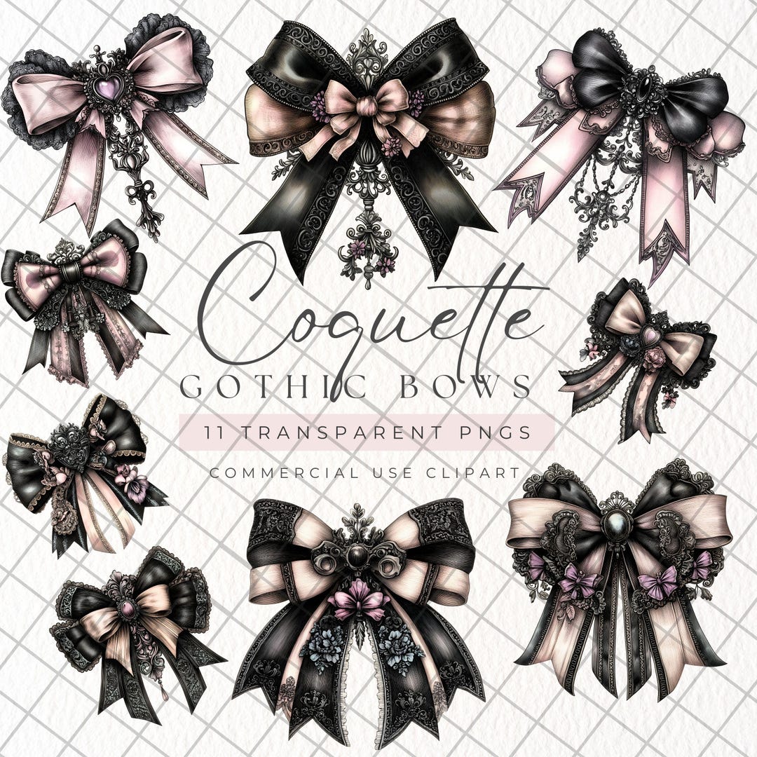 Gothic Coquette Bow Clipart Bundle, Black Pink Ribbons, Dark Academia ...
