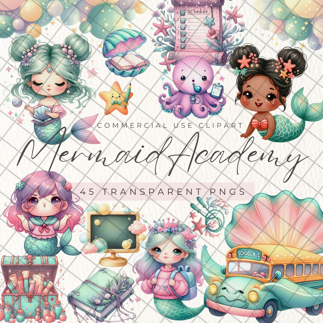 Watercolor Mermaid Clipart, Cute Baby Mermaid PNG, Under the Sea ...
