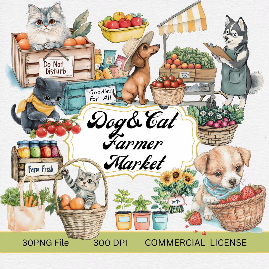 Farmers Market Pets Clipart Bundle, Watercolor Dog and Cat Market ...