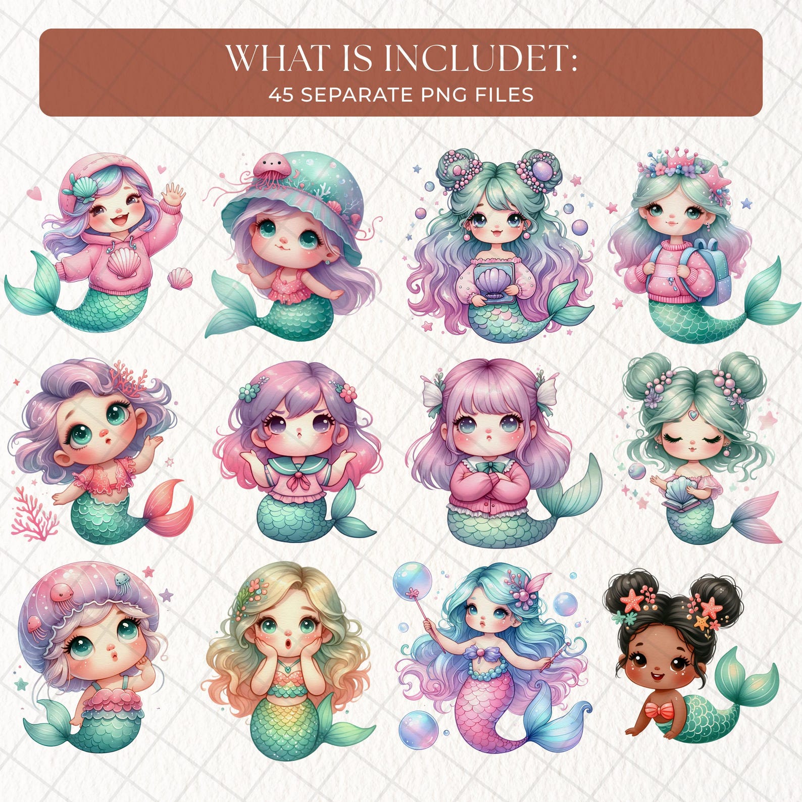 Watercolor Mermaid Clipart, Cute Baby Mermaid PNG, Under the Sea ...
