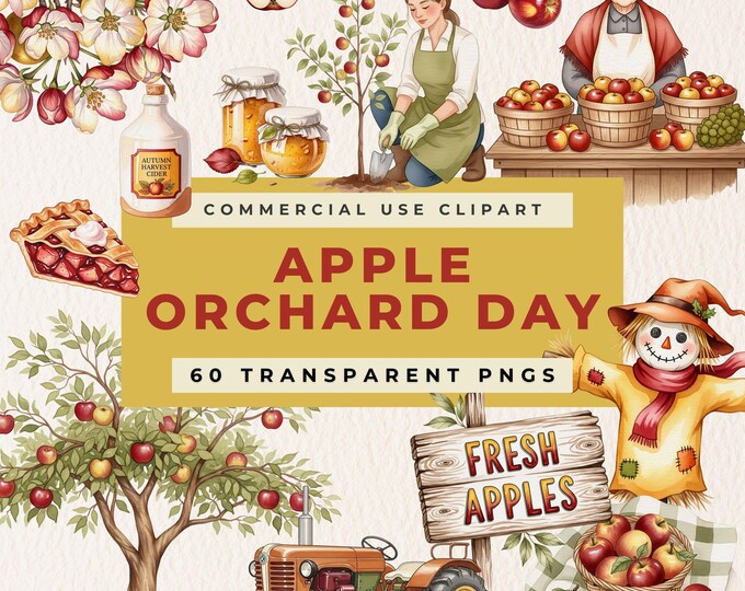 Apple Orchard Watercolor Clipart Bundle: Fall Farmhouse PNG Graphics ...