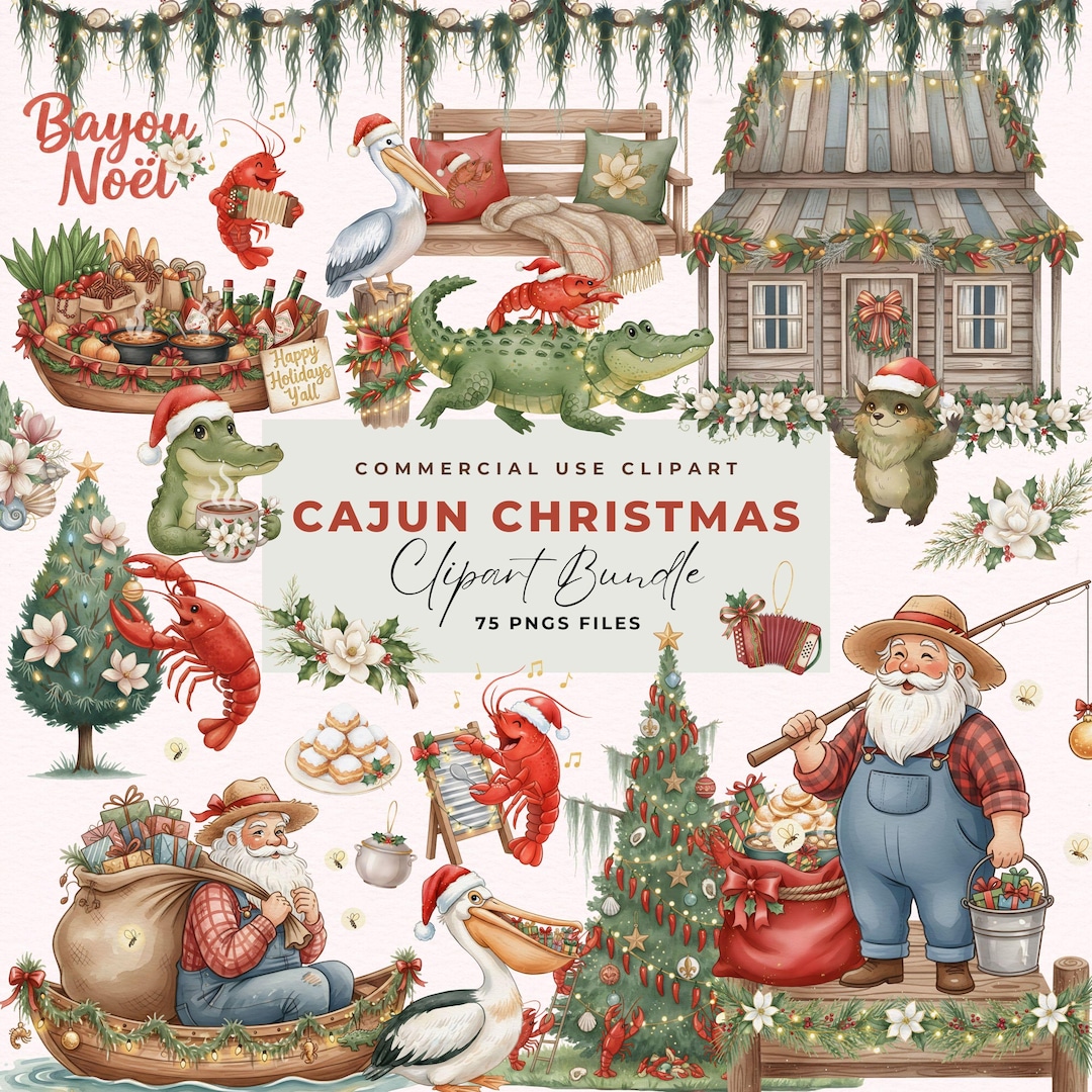 Cajun Christmas Clipart Bundle, Watercolor Louisiana Santa & Alligator ...