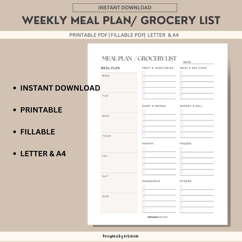 Grocery Shopping List Template With Weekly Meal Plan, Printable and ...