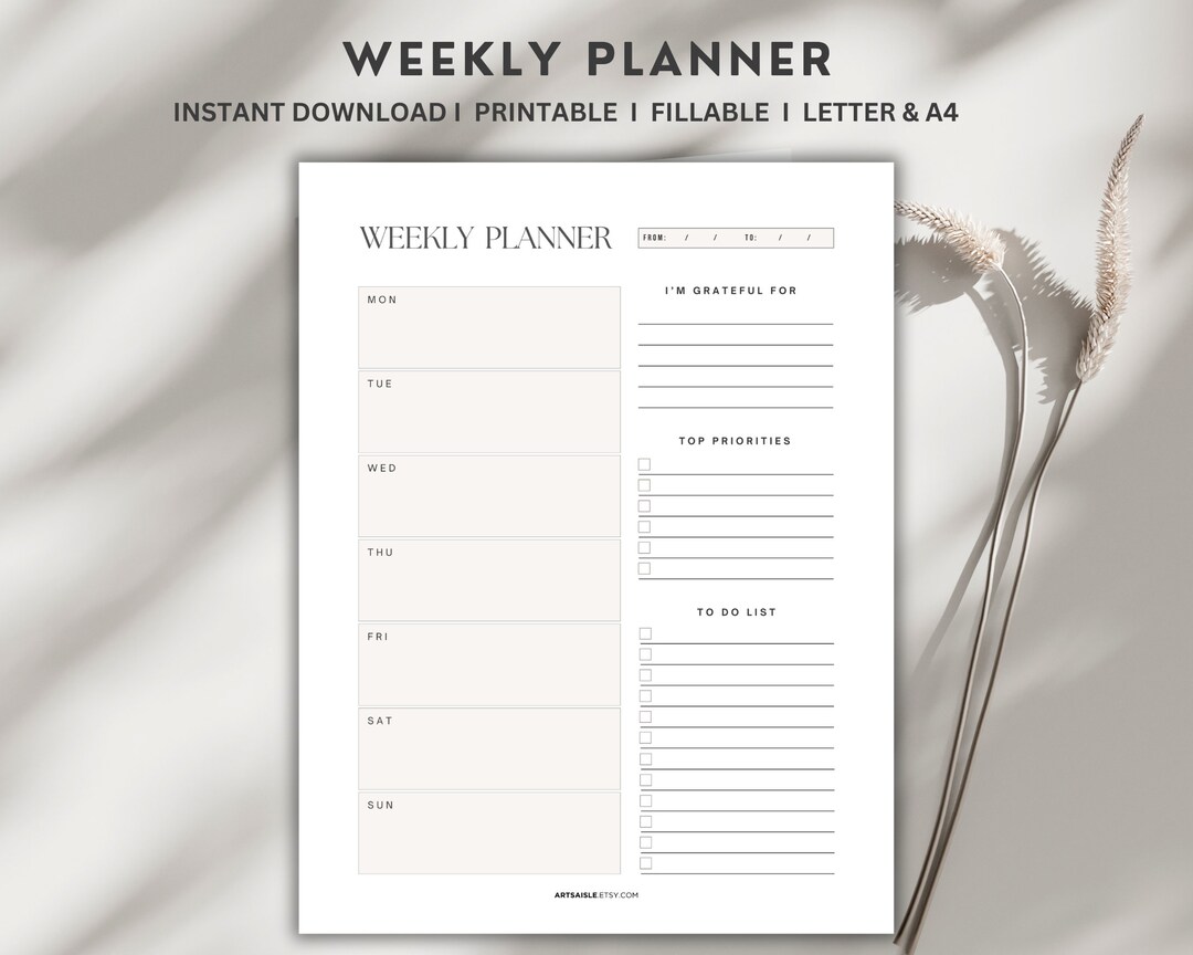 Weekly Planner Printable and Fillable for Office and Home, Weekly ...