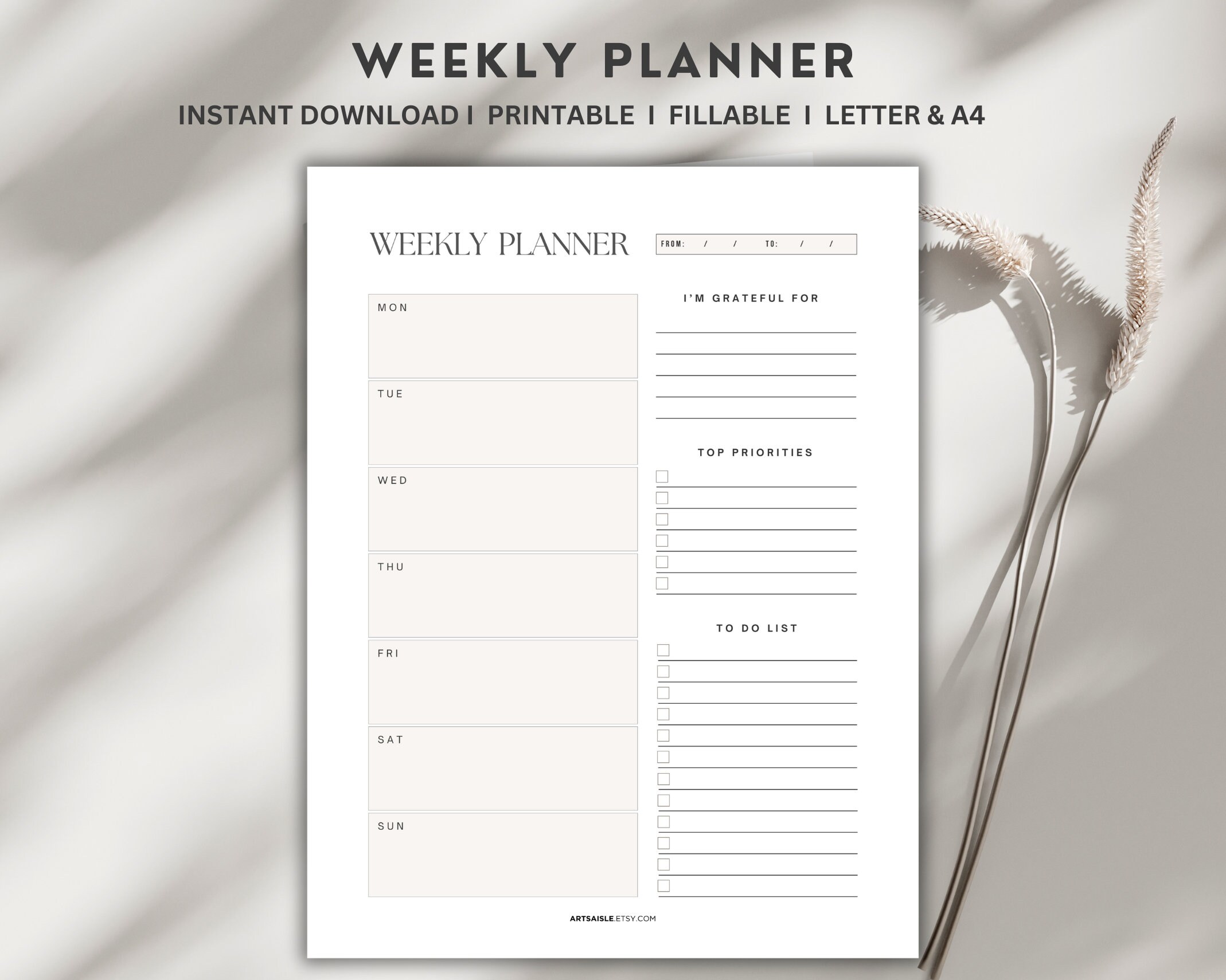 Weekly Planner Printable and Fillable for Office and Home, Weekly ...